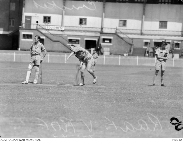 MELBOURNE, VIC. 1944-01-07. A SLOW BOWLER IN ACTION DURING THE CRICKET ...
