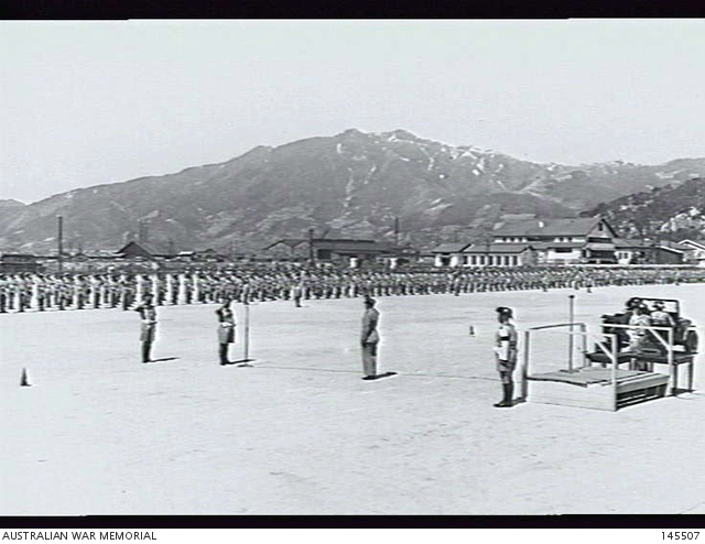Hiro, Japan. 1948-06-12. The General Salute during the King's birthday ...