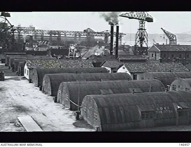 Kure, Japan. 1950-05-06. Exterior view of Headquarters, BCOF, Nissen ...