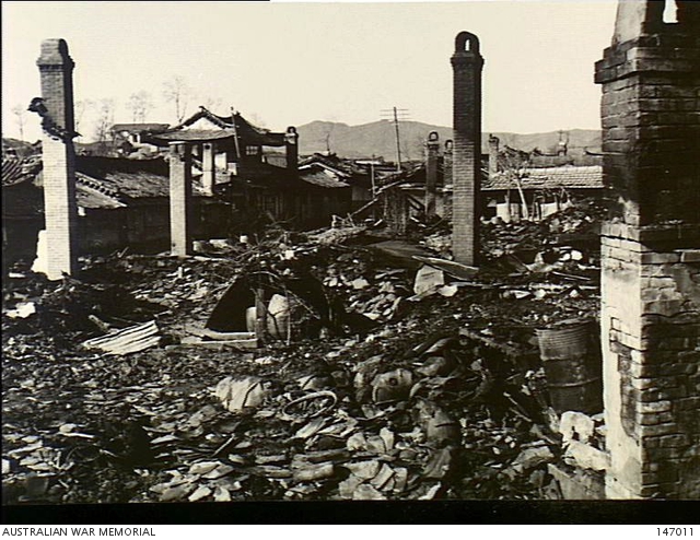 Pakchon, Korea. 1950-11. Damage to buildings caused by United Nations ...