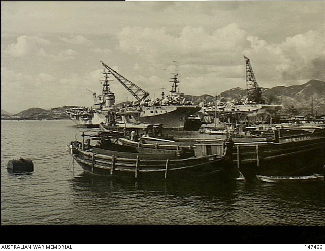 Kure, Japan. 1951-09-29. HMAS Sydney berthed at Finger Jetty, Kure ...