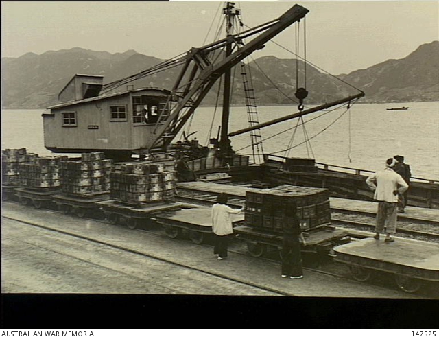 Kiriguchi, Eta Jima, Japan. 1951. Cranes loading ammunition onto a ...