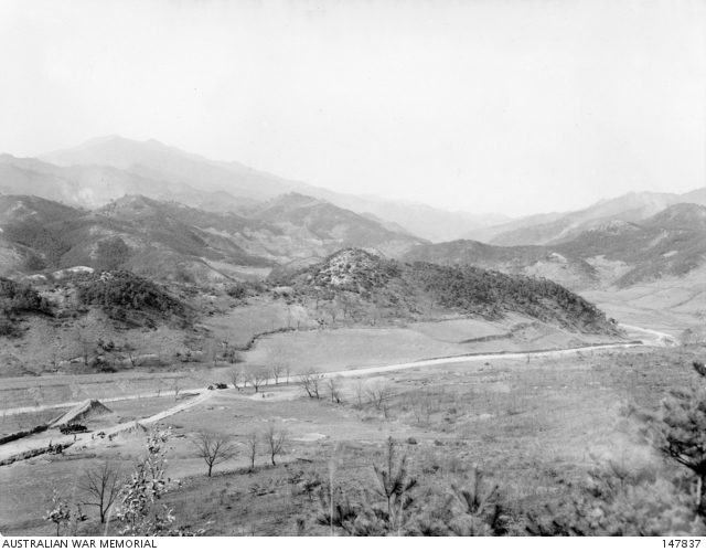 Kapyong Valley, Korea. 1952-04-16. View of the mountains, seen from 3rd ...