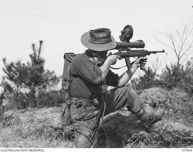 Kapyong Valley, Korea. 1952-04-15. 5/1479 Private L. J. Best of Sniper ...