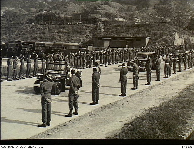 Kure, Japan. 1953-02-07. Soldiers at HQ Australian Army Component line ...