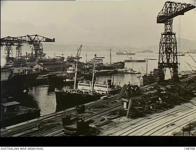 Japan. 1953. An elevated view of Kure Docks (Harama shipbuilding ...