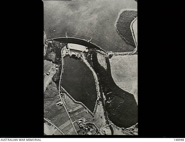 An aerial view of the dam before the "Dambusters" attack by No. 617 ...