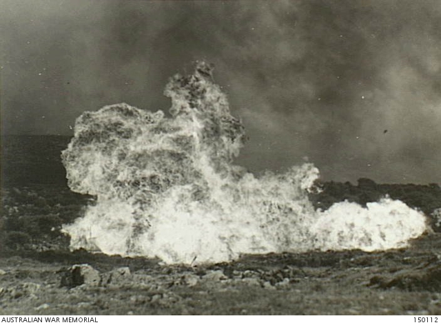 A simulated flame thrower fire produced during commando training by ...