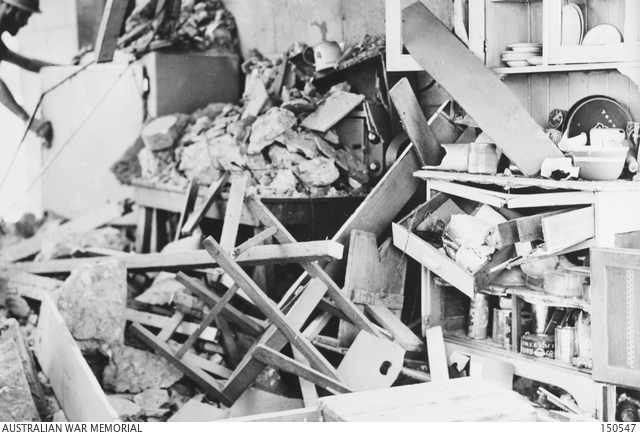 Darwin, NT. August 1942. Interior damage to the kitchen of a house ...
