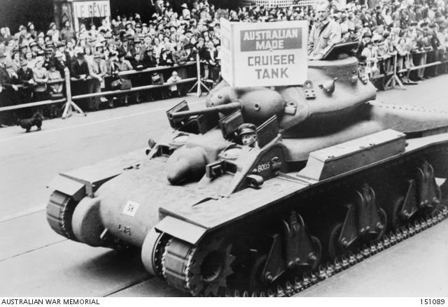 Melbourne, Vic. 13 November 1942. A Cruiser tank moves along Collins ...