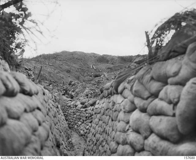 Majon'ni, Korea. 1953-07-10. Sandbagged trench on The Hook left section ...