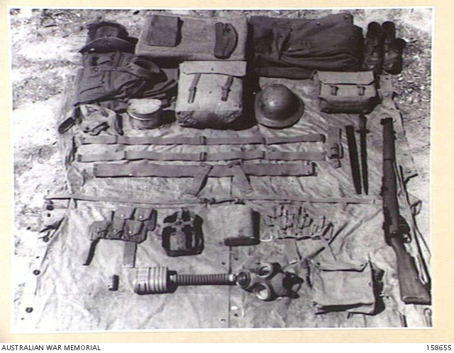 VICTORIA, 1940-01. A DISPLAY OF KIT ITEMS ISSUED TO 2ND AIF RECRUITS AT ...