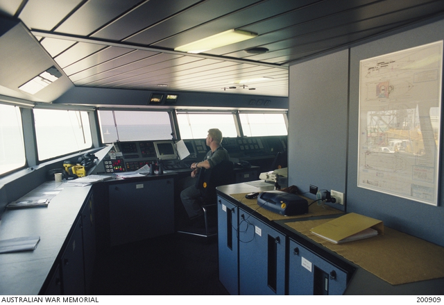 View of the bridge of HMAS Jervis Bay, moored at the Iron Ore Wharf ...