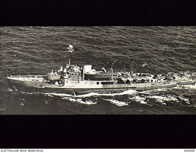 SYDNEY, NSW. 1943-02-10. AERIAL PORT BR0ADSIDE VIEW OF THE AUXILIARY ...
