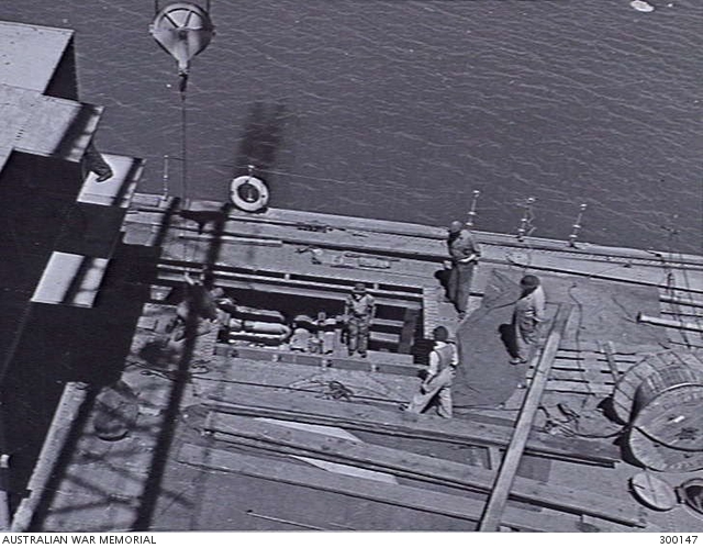 WILLIAMSTOWN, VIC. 1948. DETAIL VIEW OF THE DECK OF THE DESTROYER HMAS ...