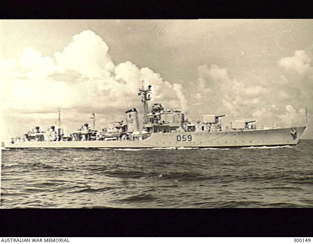 1955. STARBOARD SIDE VIEW OF THE DESTROYER HMAS ANZAC (II) OPERATING AS ...
