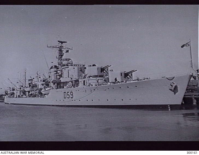WILLIAMSTOWN, VIC. 1957-02-18. STARBOARD BOW VIEW OF THE DESTROYER HMAS ...