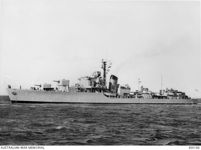 PORT SIDE VIEW OF THE DESTROYER HMAS ANZAC (II). NOTE THE BLACK BAND ...