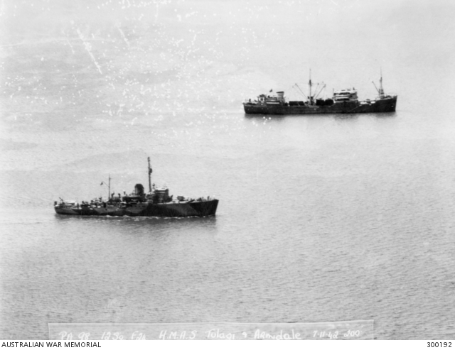 DARWIN, NT. 1942-11-07. AERIAL STARBOARD SIDE VIEW OF CORVETTE HMAS ...