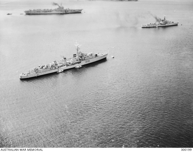 1955-05. AERIAL STARBOARD QUARTER VIEW OF THE TRIBAL CLASS DESTROYERS ...