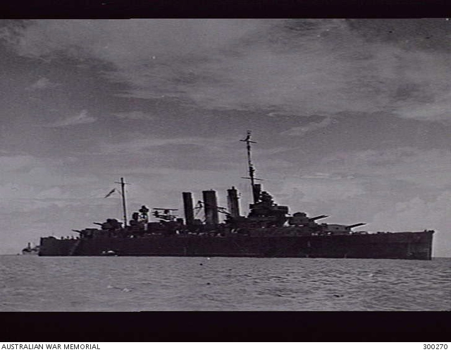 1943. STARBOARD SIDE VIEW OF THE HEAVY CRUISER HMAS AUSTRALIA (II) AT ...