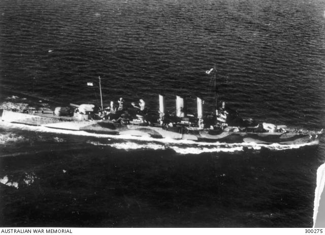 AERIAL STARBOARD SIDE VIEW OF THE HEAVY CRUISER HMAS AUSTRALIA. SHE IS ...