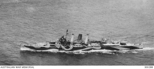 1942-01-08. AERIAL PORT SIDE VIEW OF THE HEAVY CRUISER HMAS AUSTRALIA ...