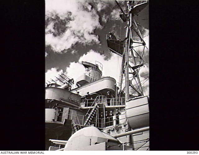 DETAIL VIEW OF THE FORWARD SUPERSTRUCTURE AND FOREMAST OF THE HEAVY ...