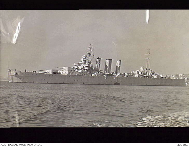 SYDNEY, NSW. C.1949. PORT SIDE VIEW OF THE HEAVY CRUISER HMAS AUSTRALIA ...
