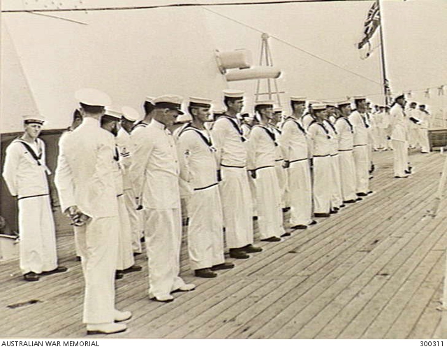 1949. THE QUARTERDECK OF THE HEAVY CRUISER HMAS AUSTRALIA (II) WITH ...