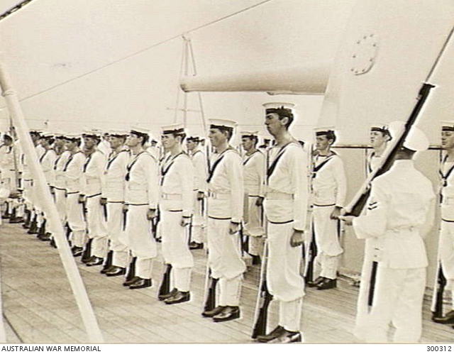 1949. THE QUARTERDECK OF THE HEAVY CRUISER HMAS AUSTRALIA (II) WITH THE ...