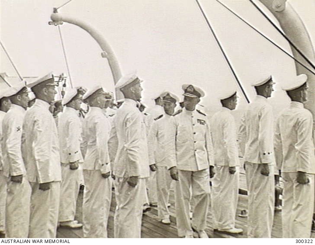 1949. MEN OF THE PORTSIDE ELECTRICAL DIVISION OF THE HEAVY CRUISER HMAS ...