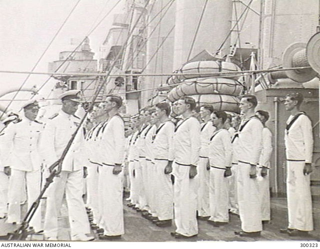 1949. MEN OF THE ENGINE ROOM DIVISION OF THE HEAVY CRUISER HMAS ...