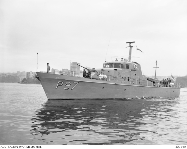 SYDNEY, NSW. 1968. PORT BOW VIEW OF THE PATROL BOAT HMAS BARBETTE (P97 ...