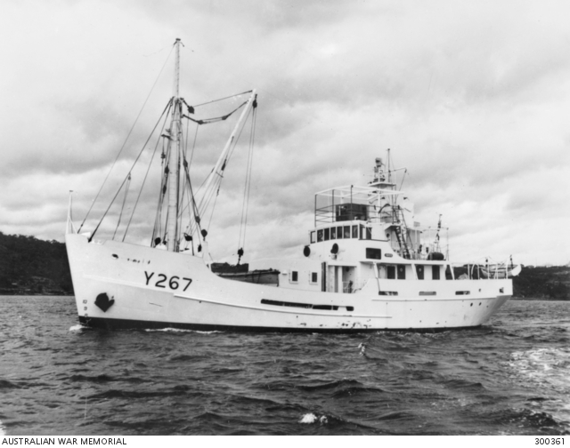 SYDNEY, NSW. C.1966. PORT SIDE VIEW OF THE SURVEY VESSEL HMAS BANKS ...