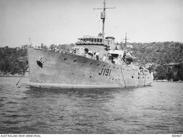 PORT BOW VIEW OF THE CORVETTE HMAS BROOME (J191) AT ANCHOR. THE BROOME ...