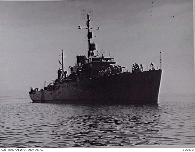 STARBOARD BOW VIEW OF THE CORVETTE HMAS BROOME (J191). THE SHIP IS ...