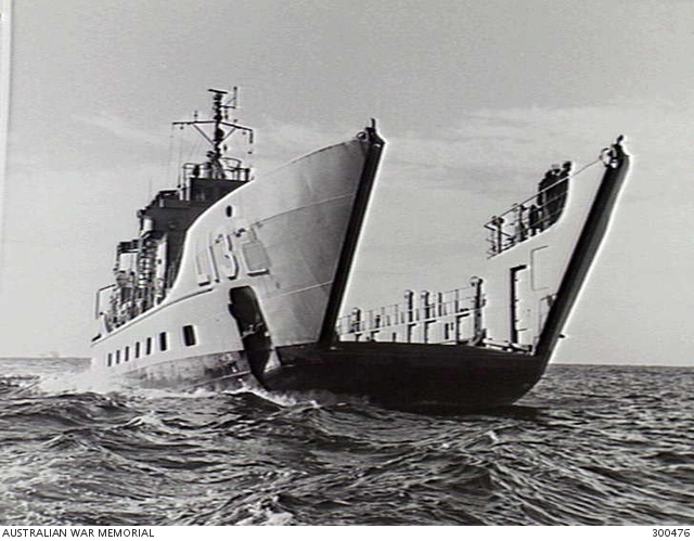 VIEW FROM FINE ON THE STARBOARD BOW OF THE LANDING CRAFT HEAVY HMAS ...
