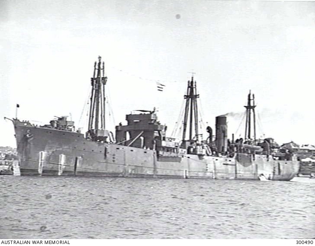 SYDNEY, NSW. 1943-01. PORT BOW VIEW OF THE AUXILIARY MINELAYER HMAS ...
