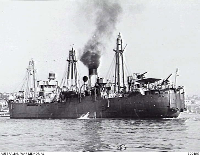 SYDNEY, NSW. PORT QUARTER VIEW OF THE AUXILIARY MINELAYER HMAS BUNGAREE ...