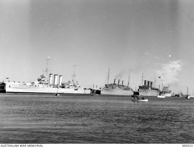 FREMANTLE HARBOUR, 1940-05-11. SHIPS OF CONVOY U.S.3: H.M.A.S. CANBERRA ...