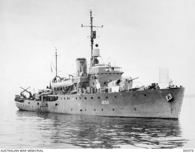 STARBOARD BOW VIEW OF THE CORVETTE HMAS DELORAINE (J232). THE ORIGINAL ...
