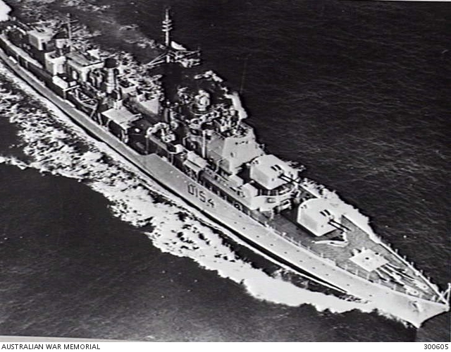 AERIAL VIEW OF THE DESTROYER HMAS (EX HMS) DUCHESS (D154) SHOWING HER ...