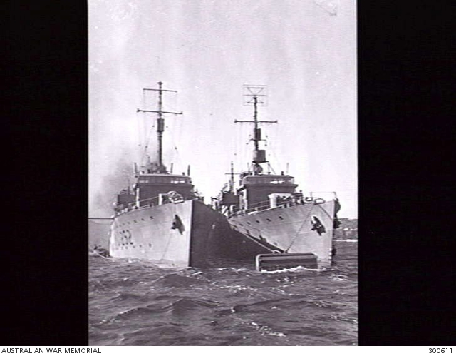 BOW VIEW OF THE CORVETTES HMAS ECHUCA (J252) AND HER SISTER SHIP HMAS ...