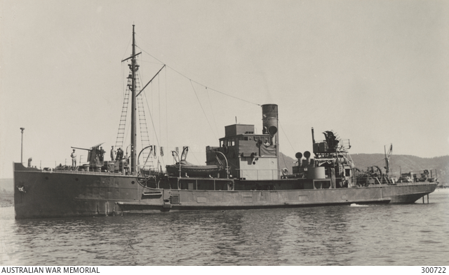 PORT KEMBLA, NSW. 1944 03-27. THREE VIEWS BOOMGATE VESSEL HMAS GUNBAR ...