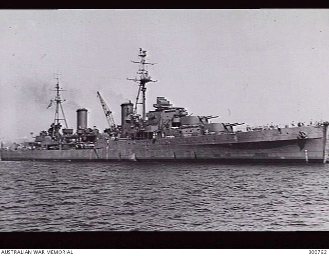 SYDNEY, NSW. 1944-12-20. STARBOARD BOW VIEW OF THE CRUISER HMAS HOBART ...