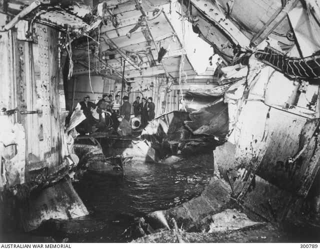 Internal damage suffered by the cruiser HMAS Hobart (I) when hit by a ...