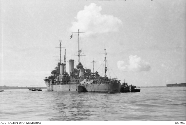 1943-07. PORT QUARTER VIEW OF DAMAGE CAUSED TO THE CRUISER HMAS HOBART ...