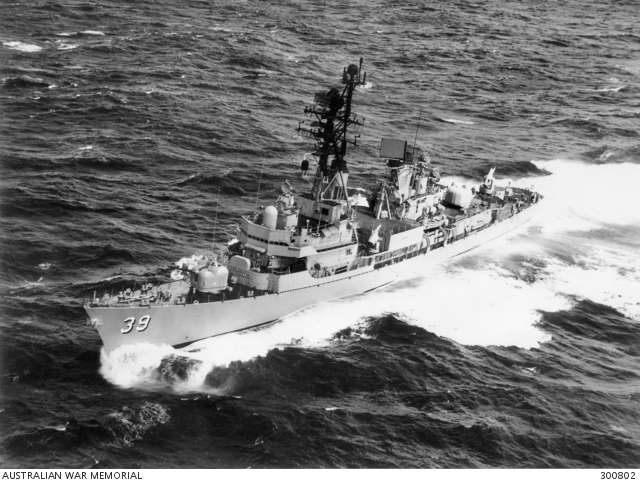 AERIAL PORT BOW VIEW OF THE GUIDED MISSILE DESTROYER (DDG) HMAS HOBART ...