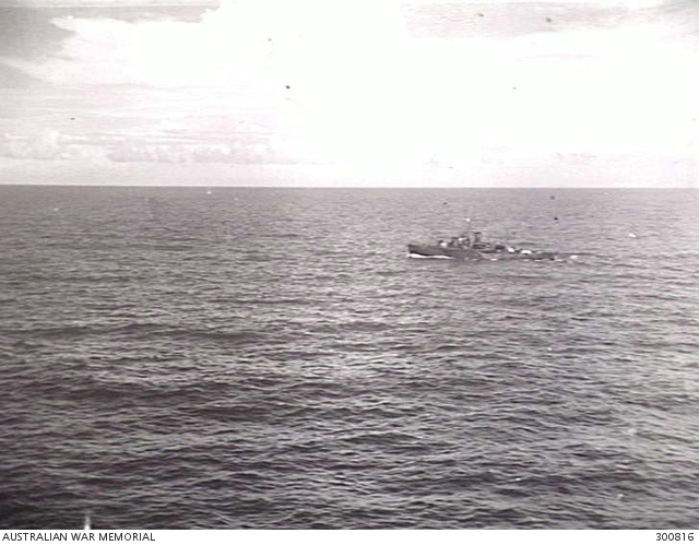 1943-01-11. AERIAL PORT BROADSIDE VIEW OF THE CORVETTE HMAS INVERELL ...